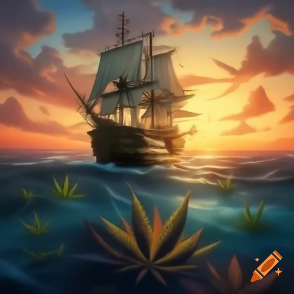 Pirate galleon sailing into sunrise with vibrant seaweed flag on Craiyon