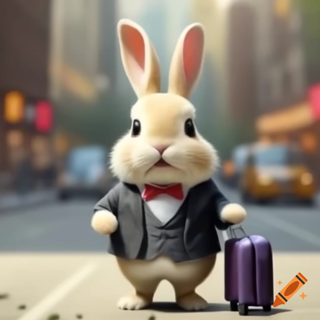 Cute rabbit in a suit walking in the city with a suitcase on Craiyon