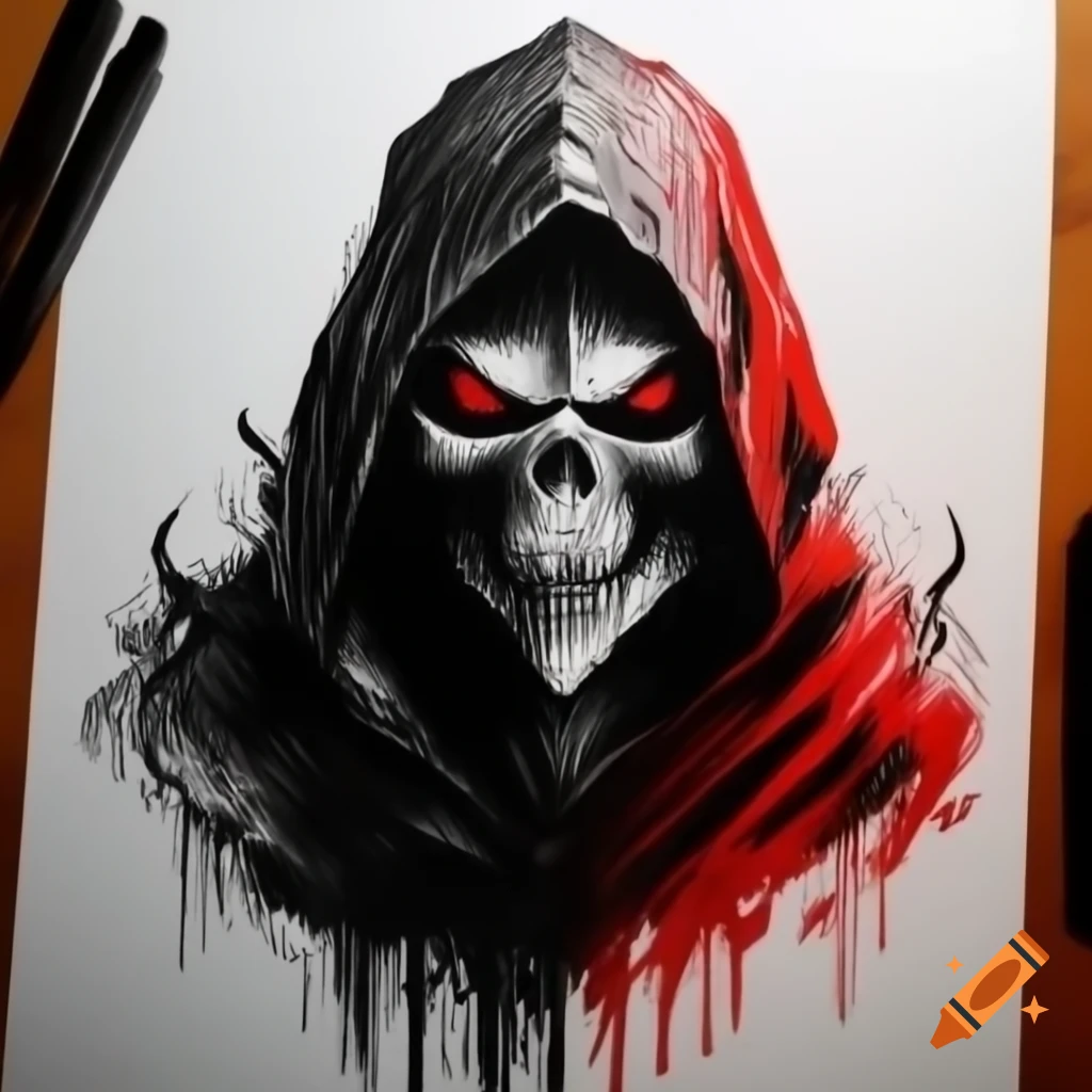 Evil reaper fantasy portrait illustration in black and red stipple ...