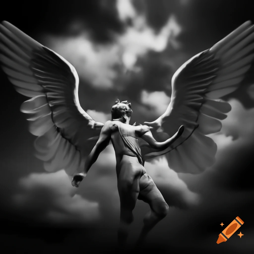 Fallen angel from behind with extended wings in Greek statue style ...