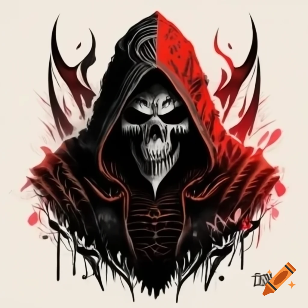 Evil reaper fantasy portrait in pen and ink with fire and axe on Craiyon