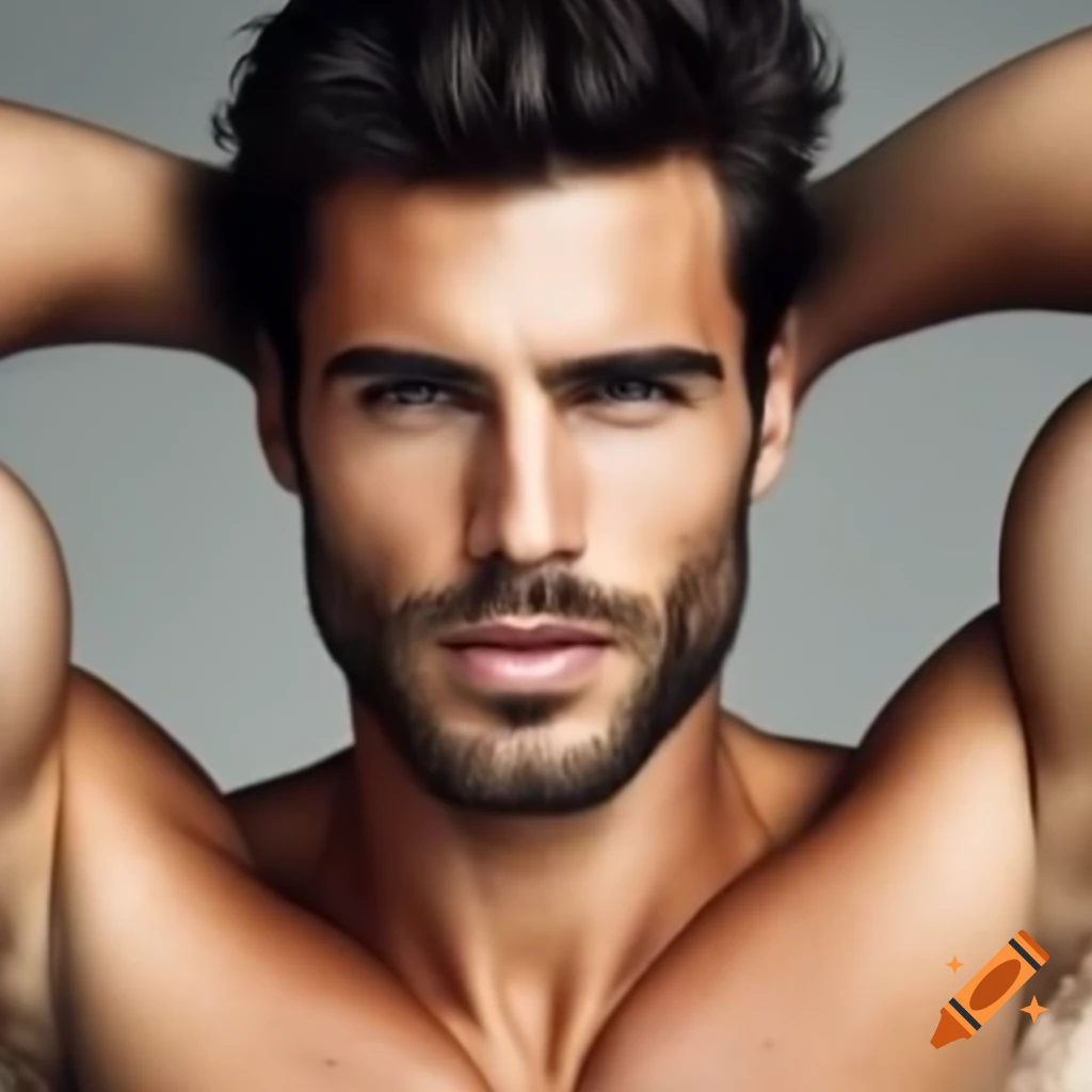 Confident Spanish male supermodel with relaxed smile and shiny skin in ...