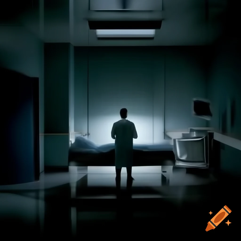Dramatic lighting in emergency room with doctor at empty bed on Craiyon