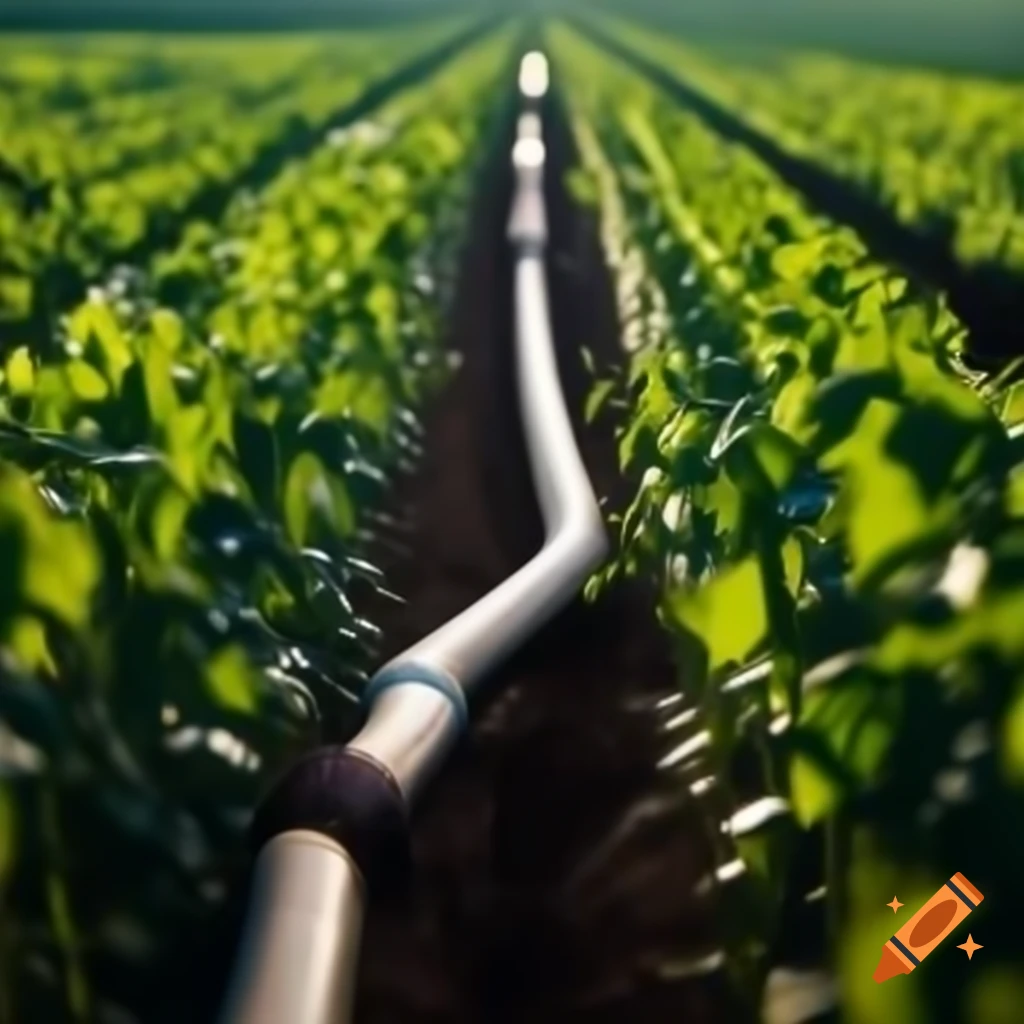 Irrigation pipes dripping water onto crops on Craiyon