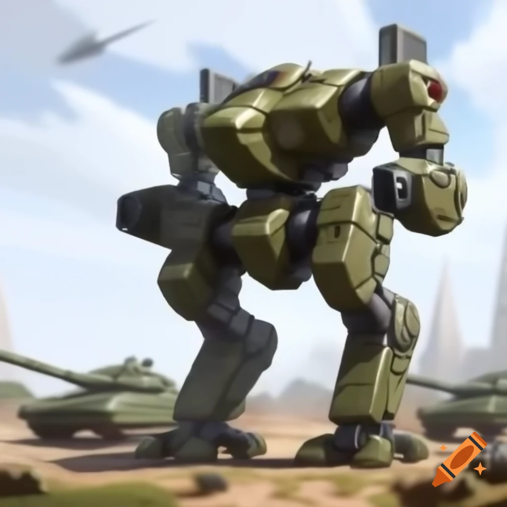 Heavy armored bipedal battle mech with military-inspired design on Craiyon