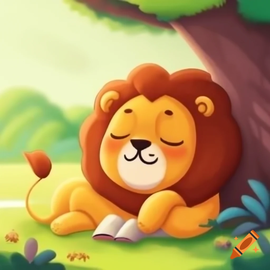 Cute cartoon lion sleeping under tree in jungle, children's book style ...
