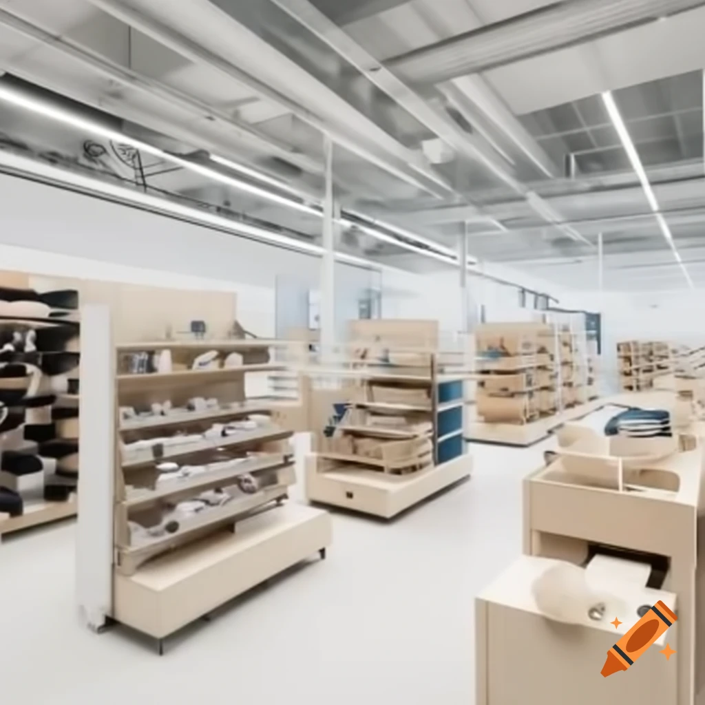 Stationery shop with modern industrial design and minimalist displays ...