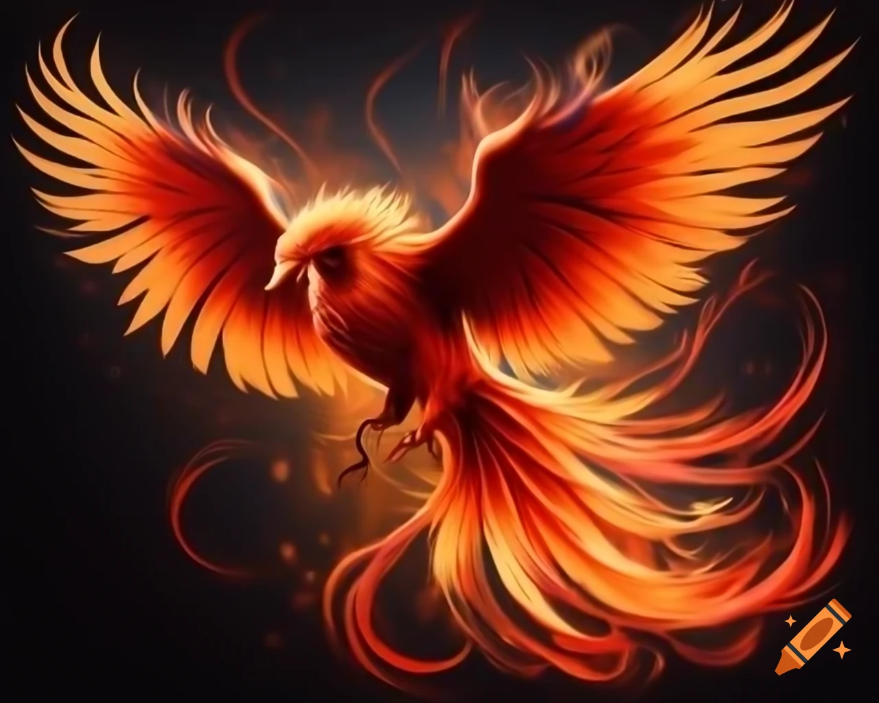Hyperrealistic rendering of a flying phoenix with vivid details on Craiyon