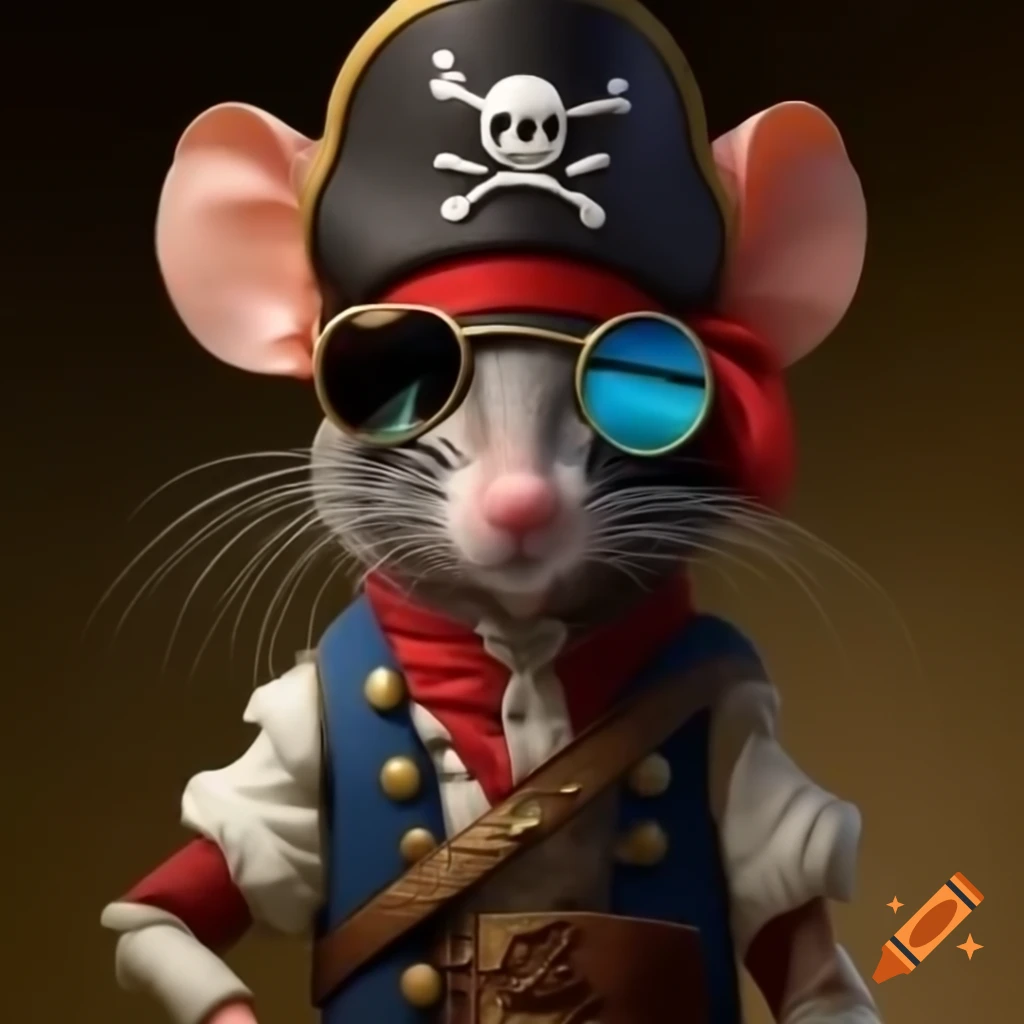 Whimsical cartoon rat dressed as pirate captain with arrow hat on Craiyon