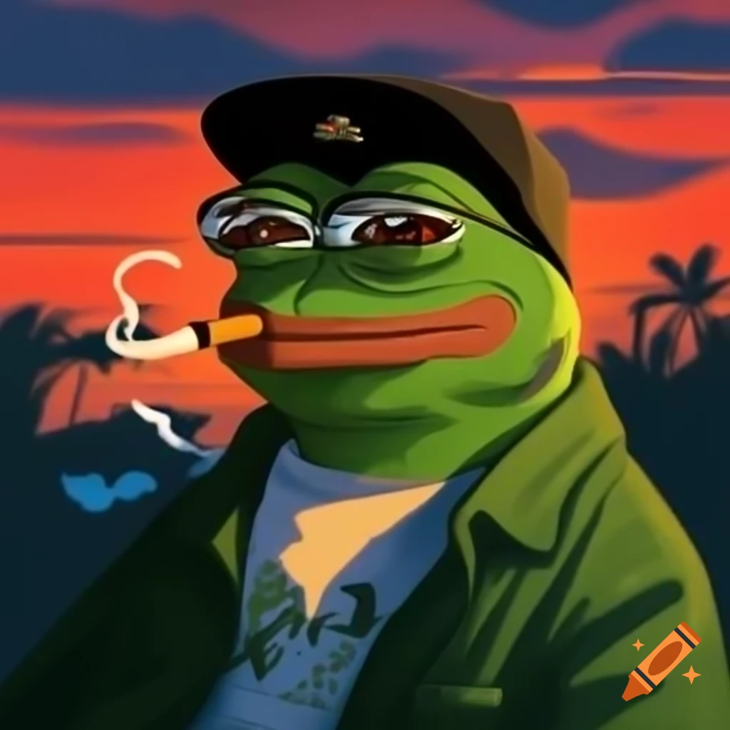 Frog man in Hawaiian shirt and sunglasses smoking a cigar at sunset on ...