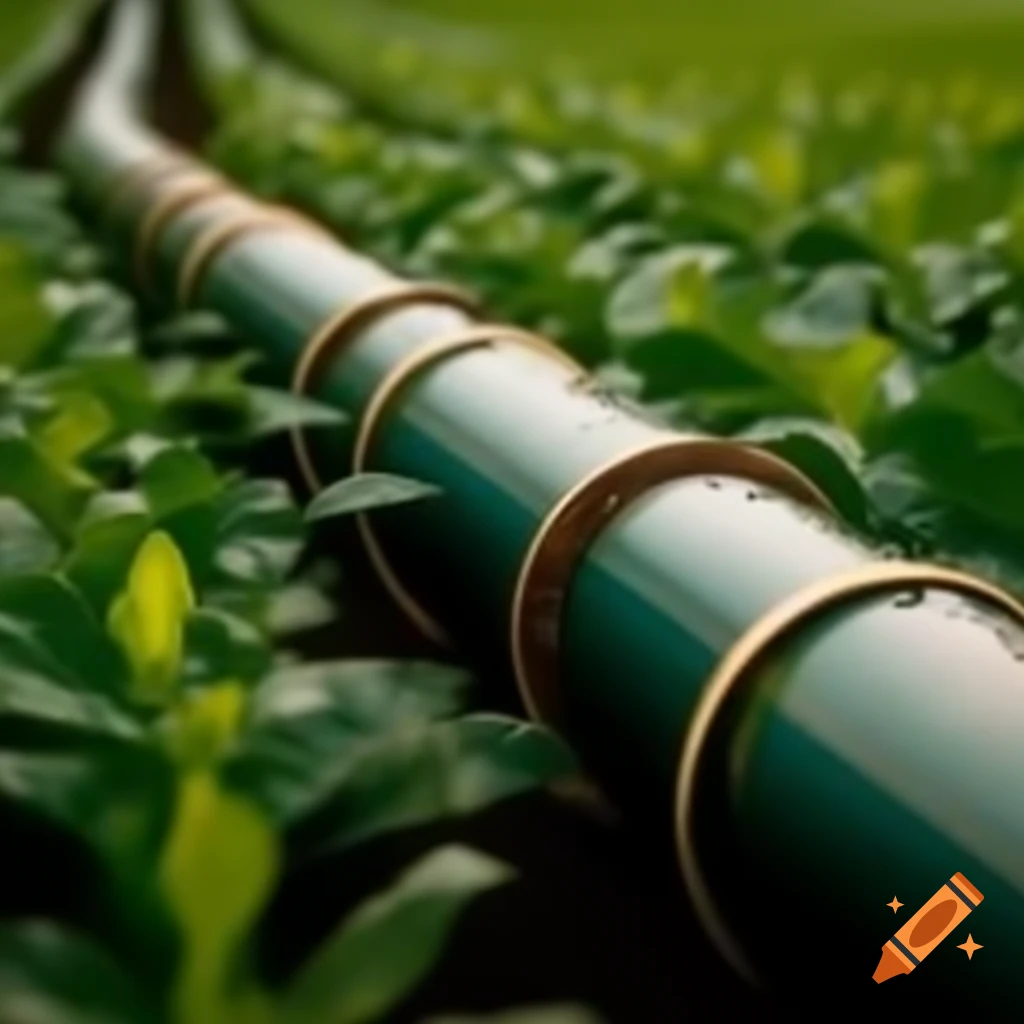 Irrigation pipes dripping water onto crops on Craiyon
