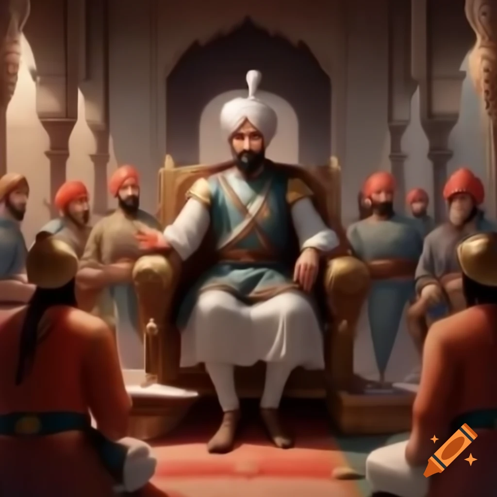 Mughal court scene with Emperor Akbar on throne surrounded by ...