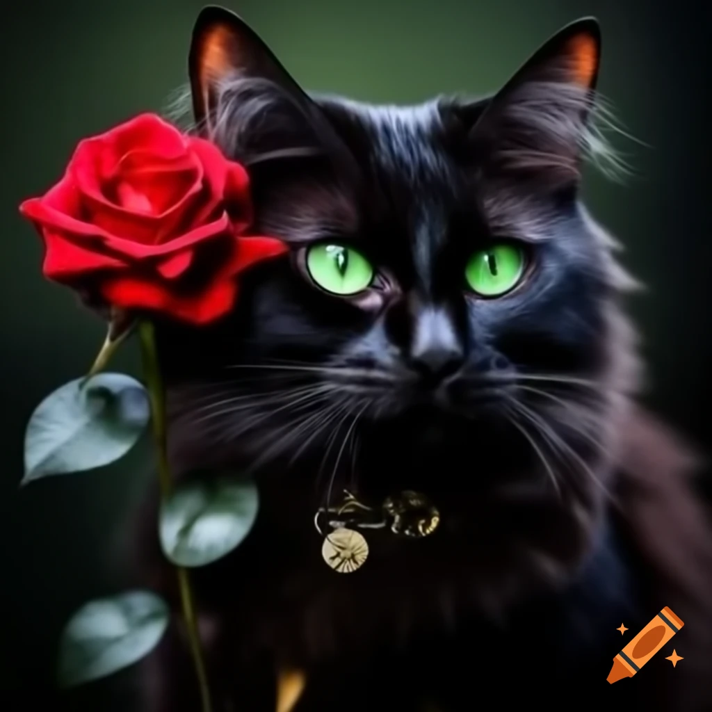 Black cat with green eyes wearing a red rose, surrounded by arrows on ...