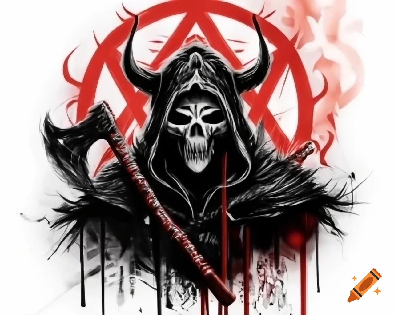 Evil reaper fantasy logo illustration in black and red with axe and ...