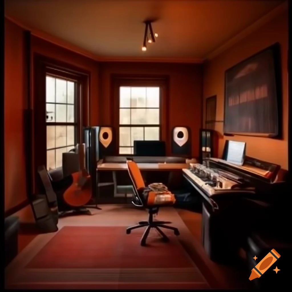 Cozy home recording studio with natural light and wall of electric ...