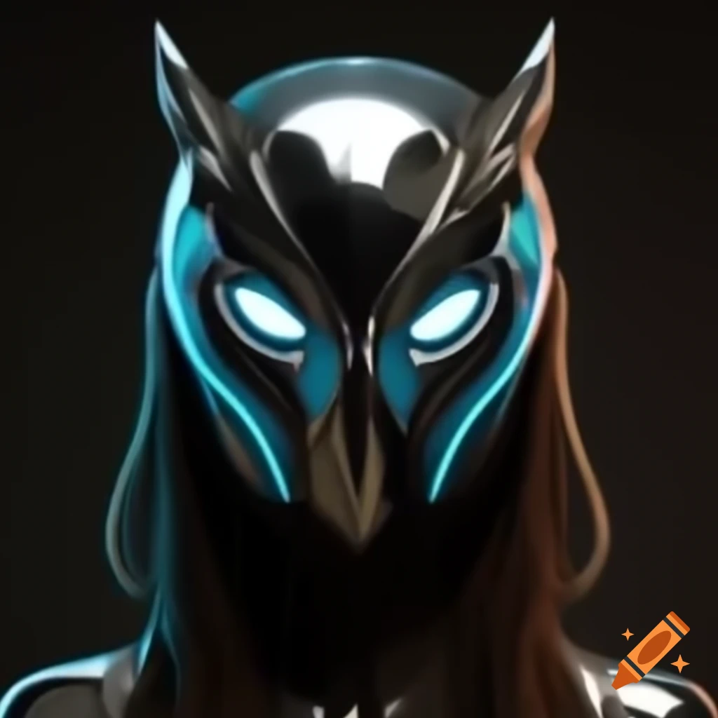Sleek chrome owl mask in cyberpunk style on female character on Craiyon