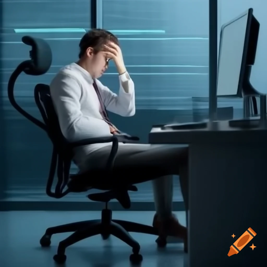 Stressed person in swivel chair switching between applications on ...