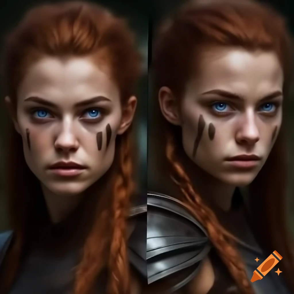 Two young warrior women with scars and blue eyes in leather armor on ...