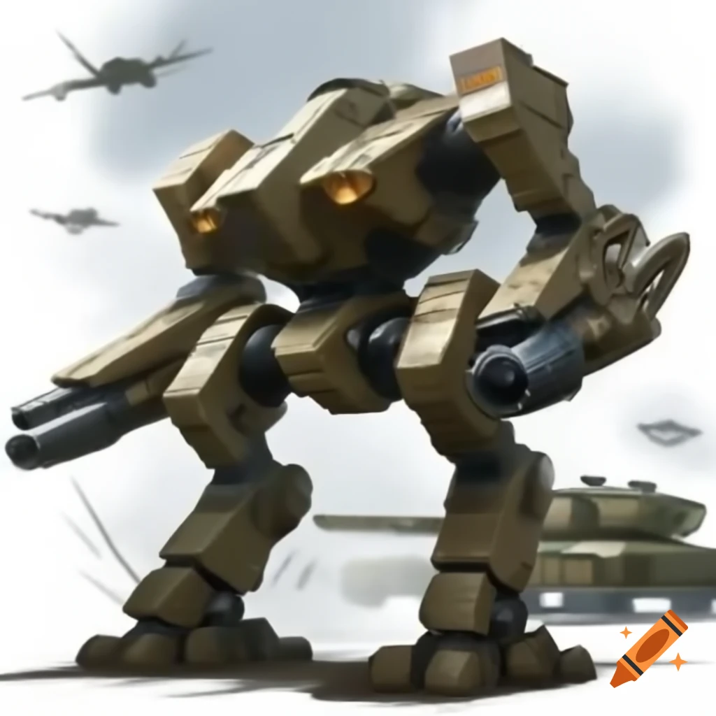Heavily armored bipedal battle mech with angular design and weapon pods ...