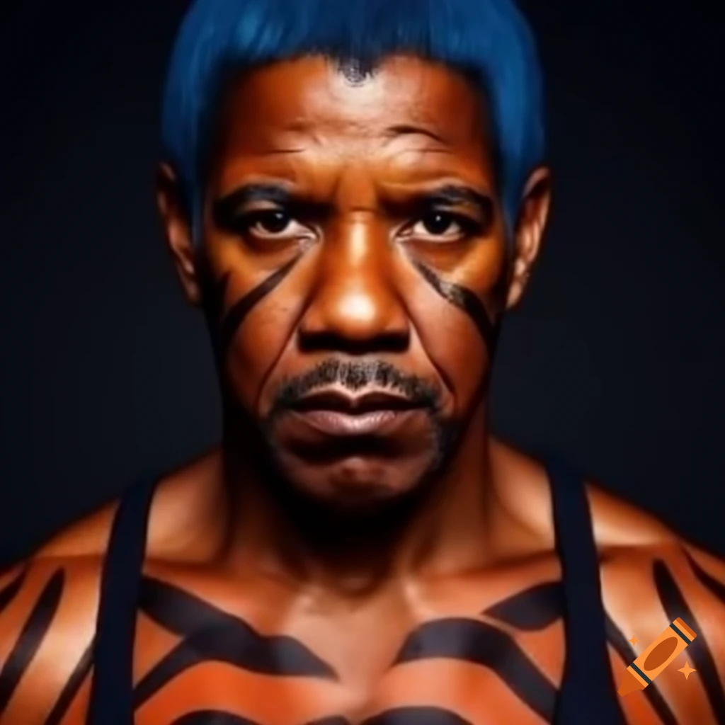 Muscular man with tiger-style makeup and vibrant colors on Craiyon