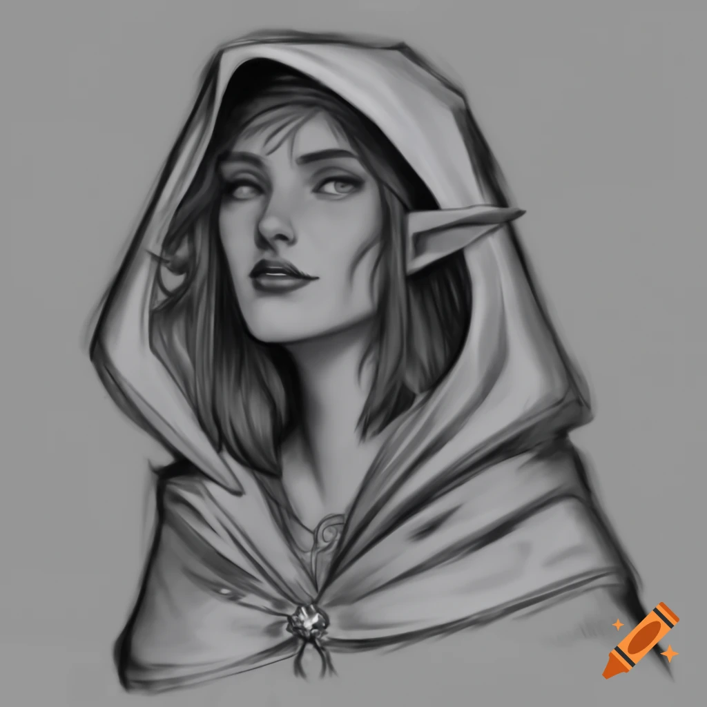 Sketch of a high elf female warlock wearing a hood on Craiyon