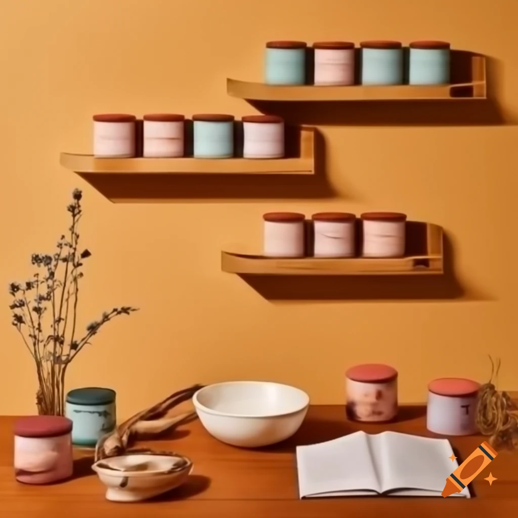 Cozy installation 'Scent Sandbox' with wooden table and ceramic jars on ...