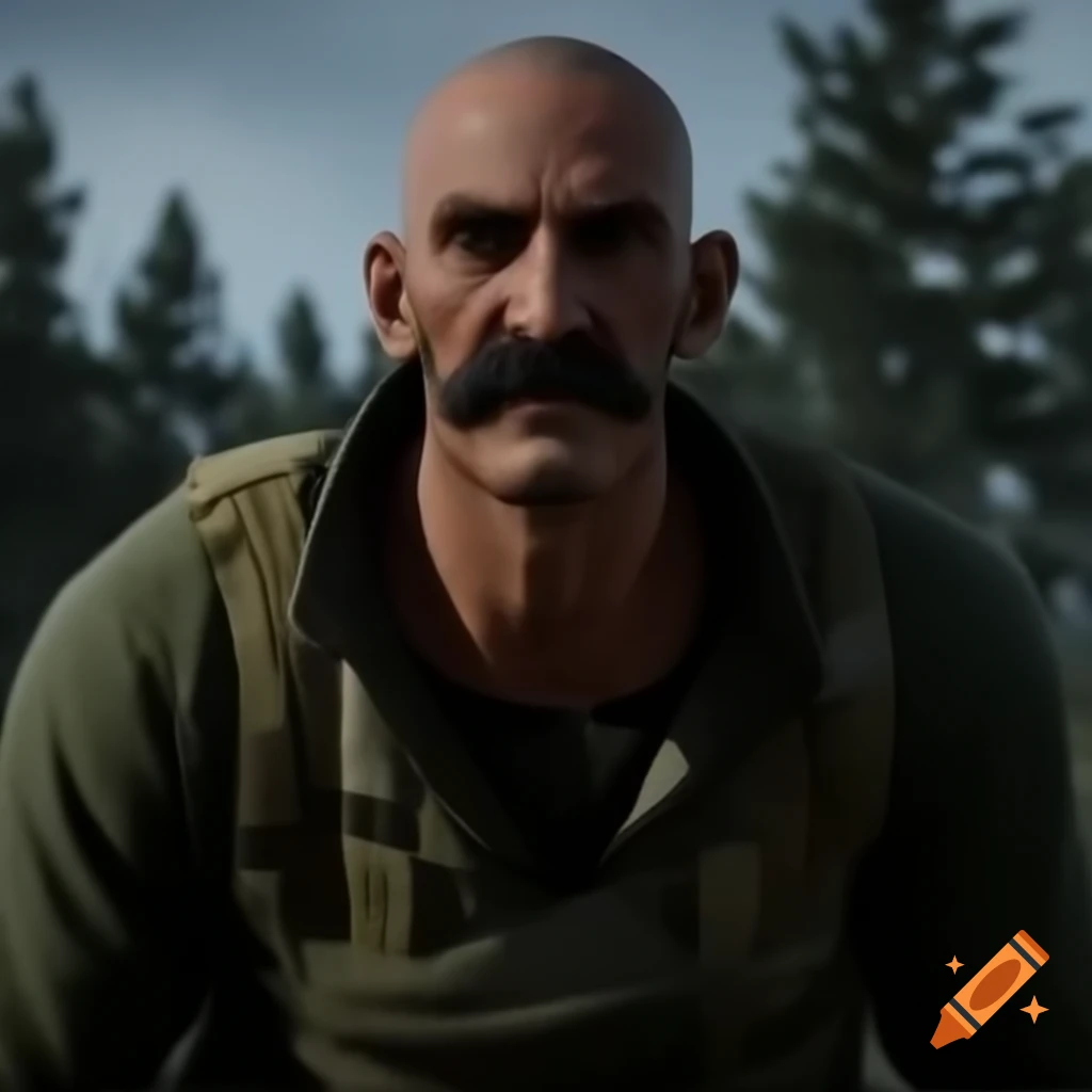 Middle-aged Metis man Miigawns with unique hairstyle and dark mustache ...