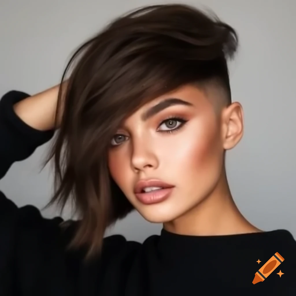 Young woman with thick dark brown hair in an extreme undercut bob ...