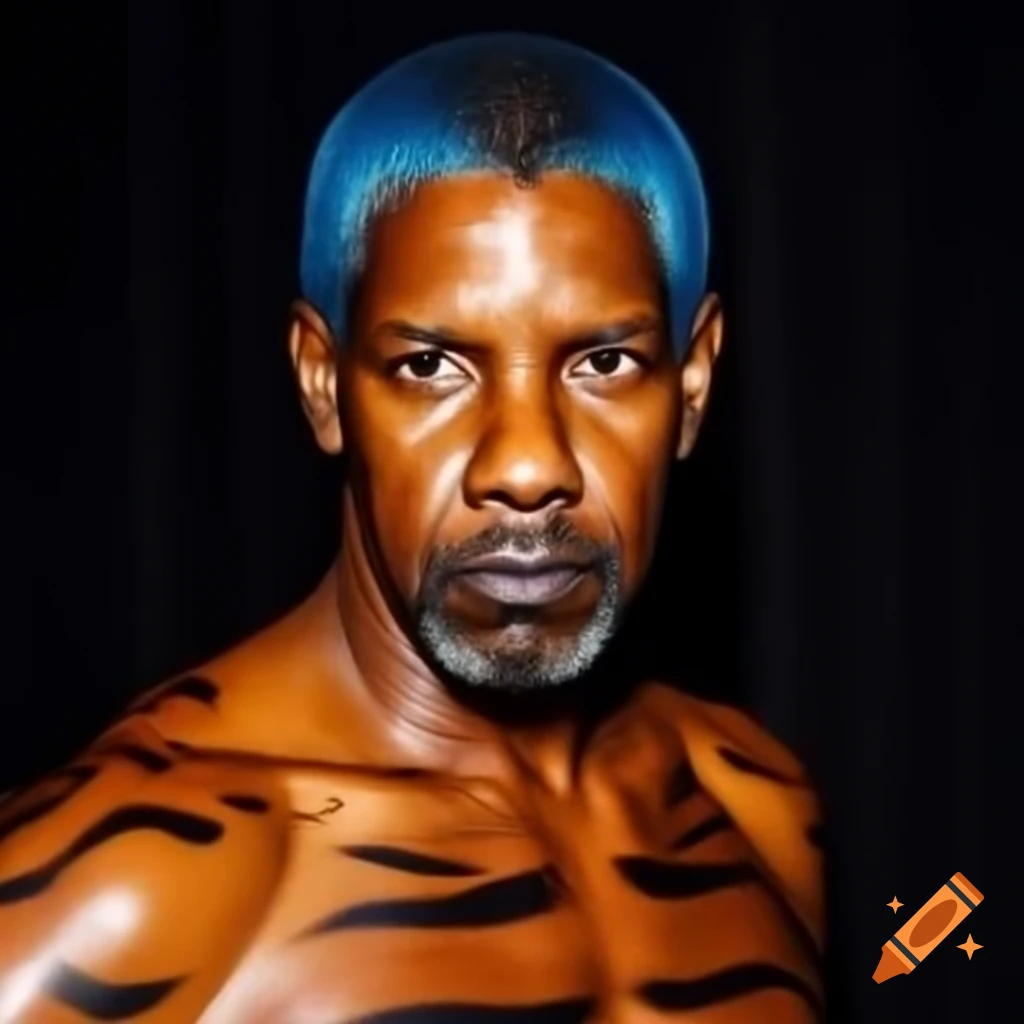 Muscular man with tiger makeup, blue hair and black stripes on Craiyon