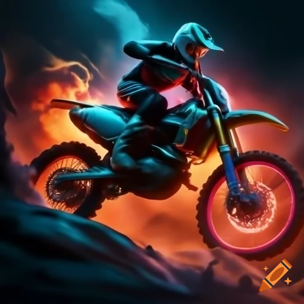 Motocross rider mid-air performing stunt on motorcycle at night track ...