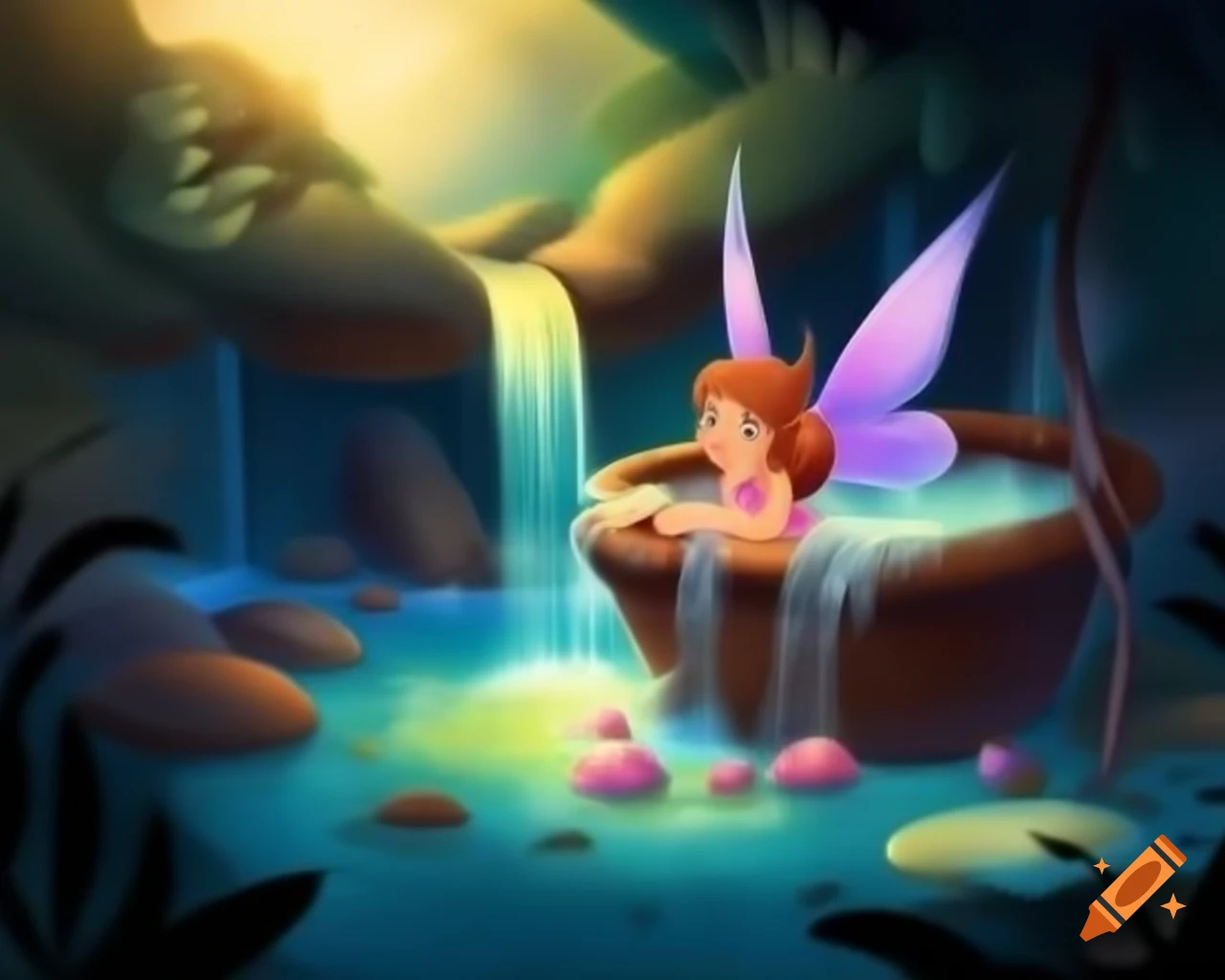 Fairy bathing in magical waterfall surrounded by lush nature on Craiyon