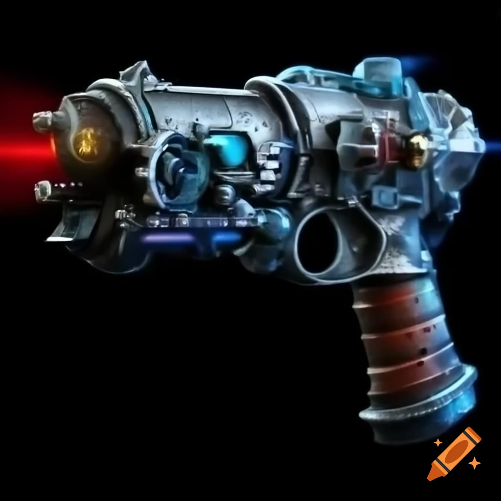 Steampunk laser pistol with cables and gears, featuring a blue LED on ...