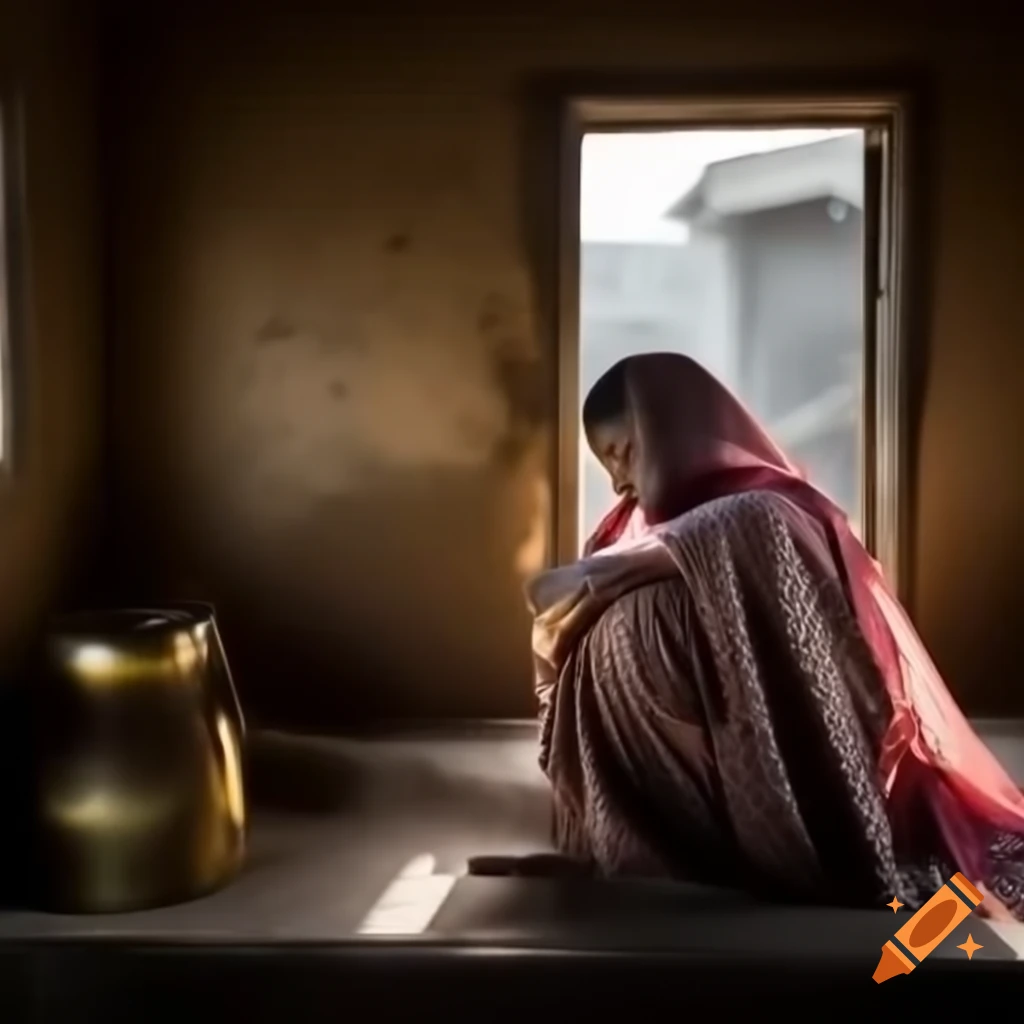 Village woman in saree removing glass bangles in modest mud house on ...
