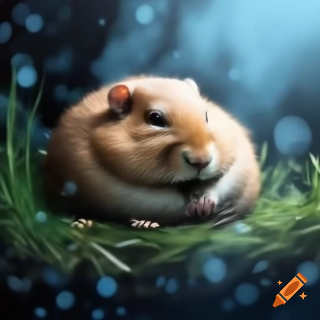 Large gerbil sleeping on grass clearing surrounded by blue mist on Craiyon