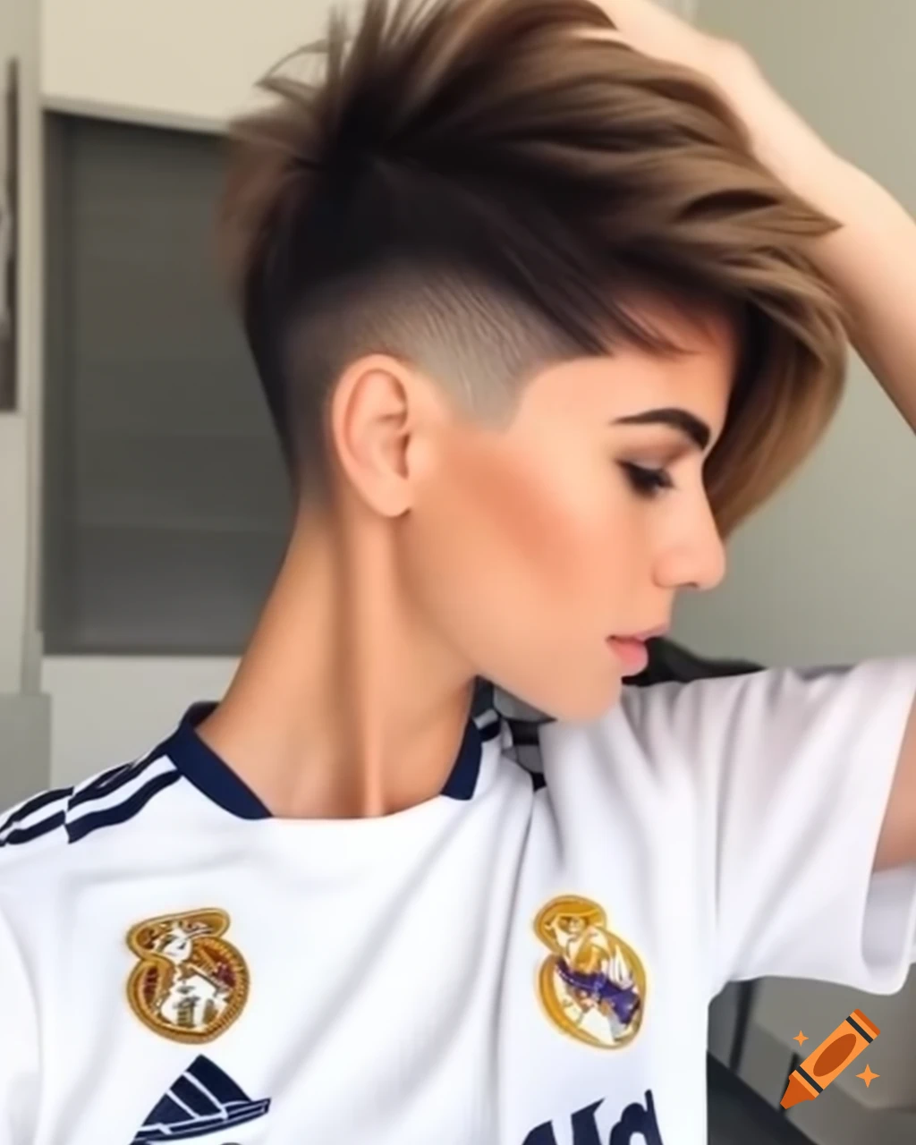 Spanish woman with unique bob haircut in Real Madrid jersey on Craiyon