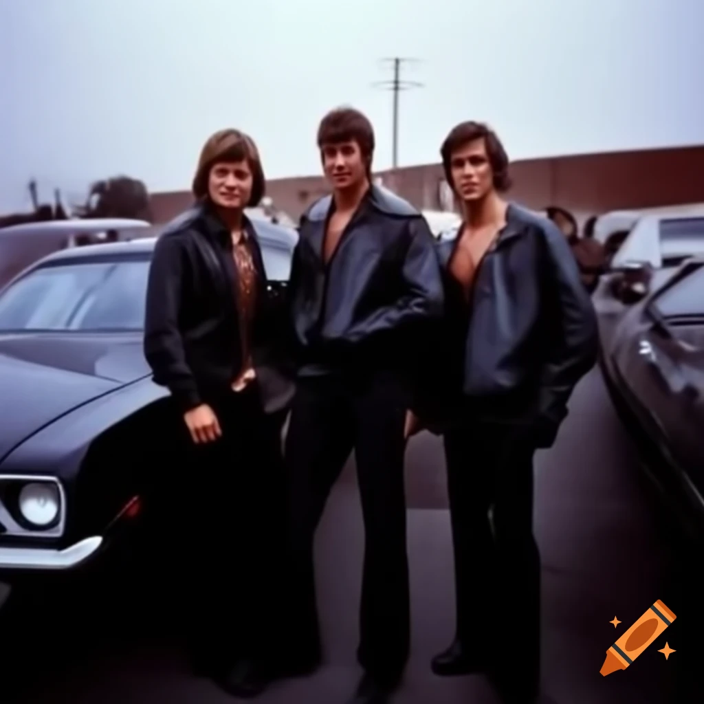 1970s car enthusiasts in leather jackets with vintage muscle cars on ...