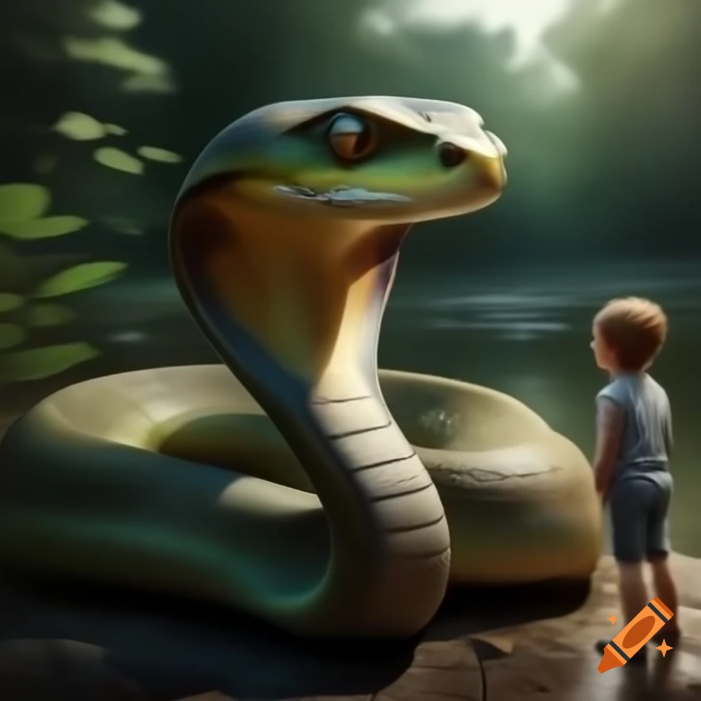 Giant snake on roadside with child observing in fear near a pond ...