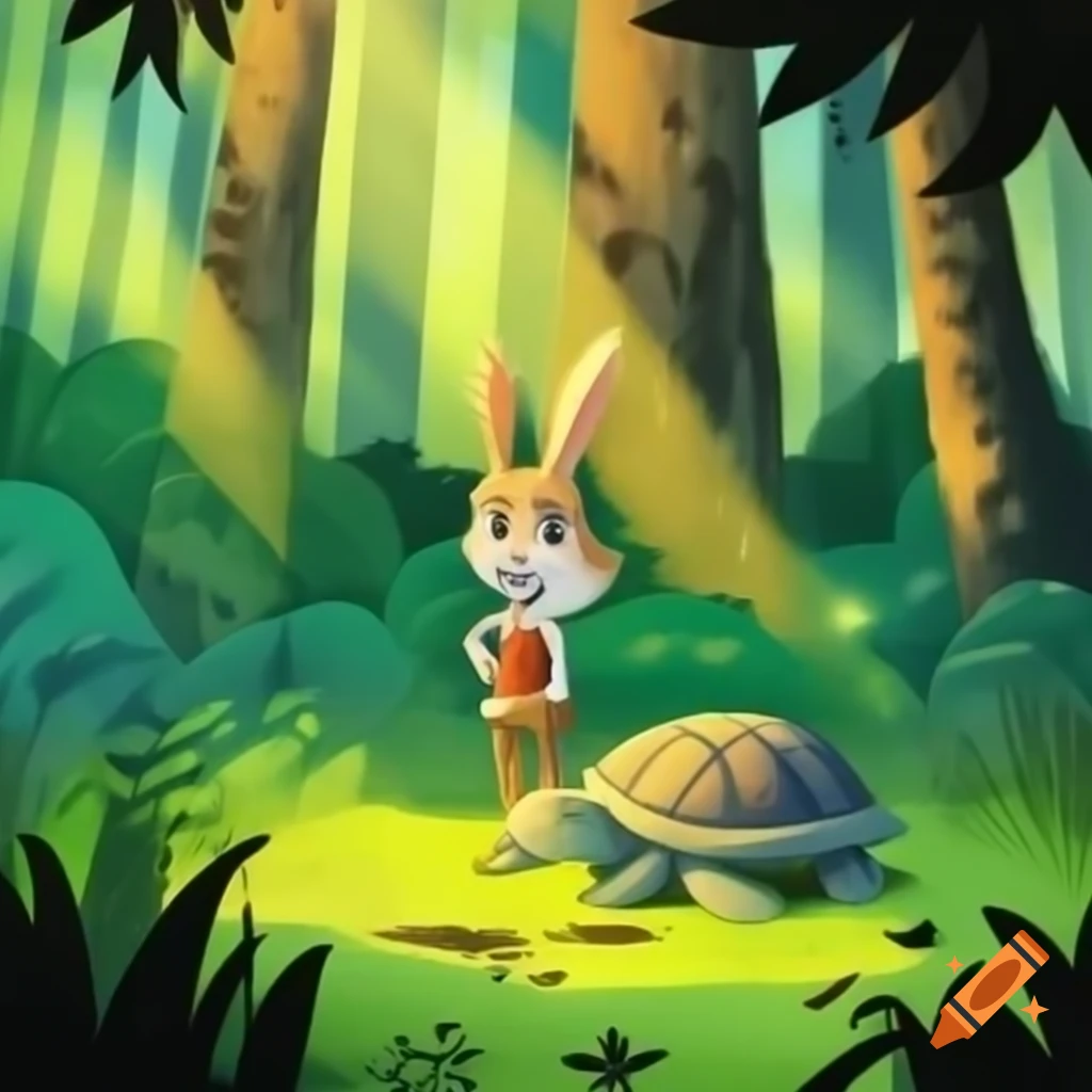 Confident rabbit and calm turtle in bright forest, high definition on ...