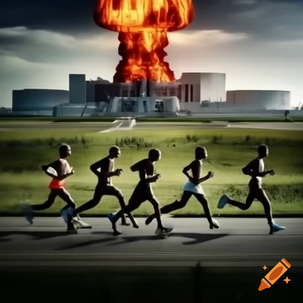 People running marathon with Chernobyl theme and nuclear explosion in ...
