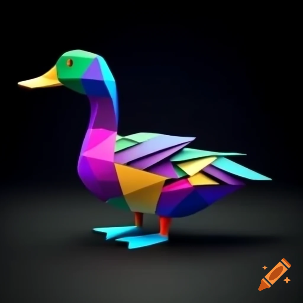 Futuristic 3D duck in dark geometric shapes on black square background ...
