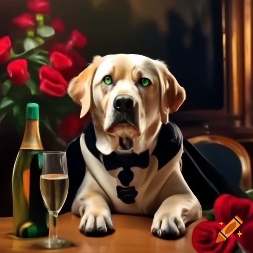 Labrador in tuxedo walking in Paris with champagne and scarlet roses on ...