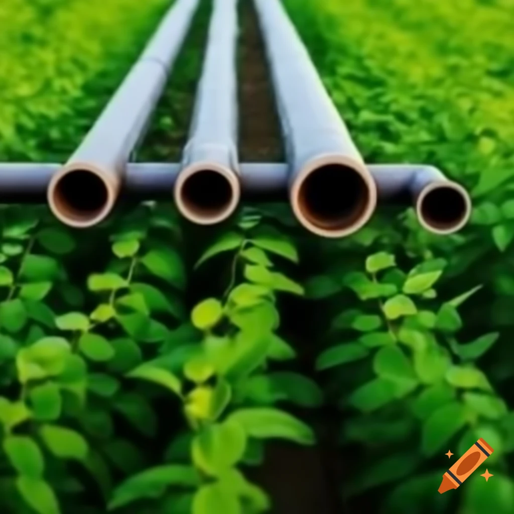 Irrigation pipes dripping water onto crops in a agricultural setting on ...