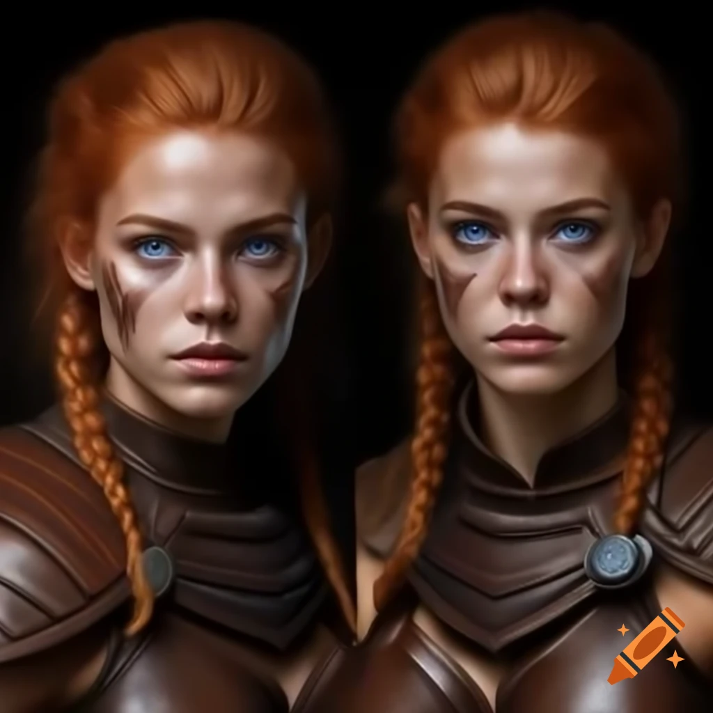 Two young warrior women with scars and blue eyes in leather armor on ...