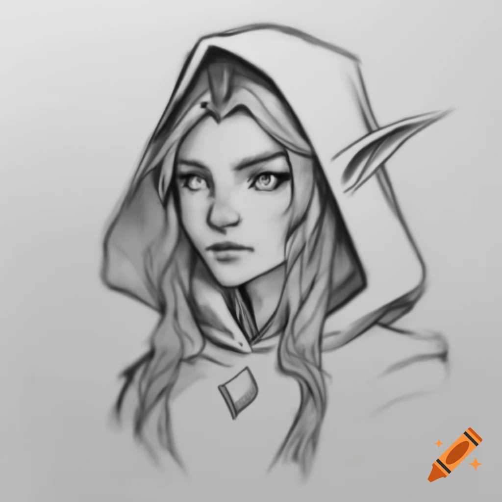 Sketch of a high elf female warlock wearing a hood on Craiyon