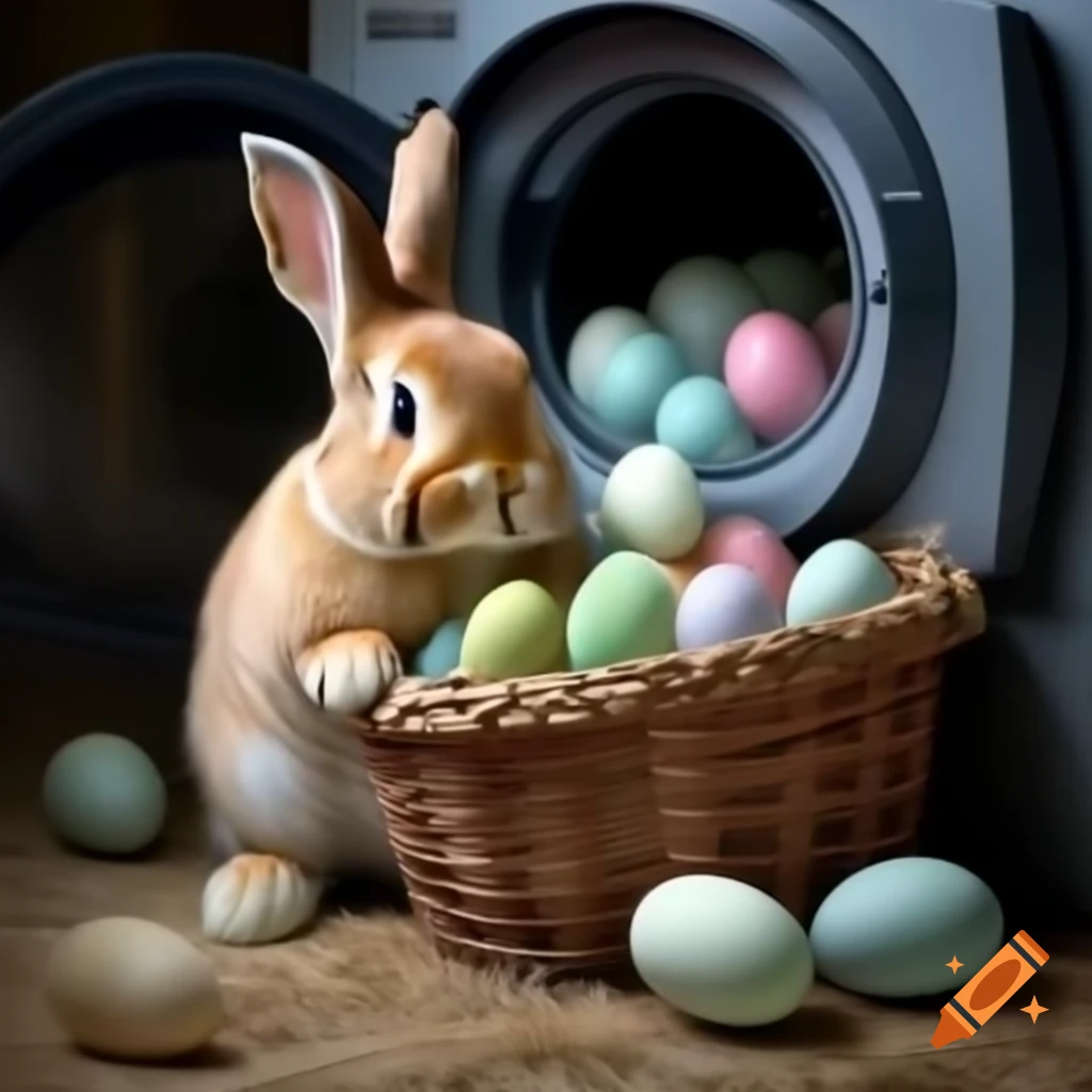 Easter bunny with basket of eggs hiding eggs in washing machine on Craiyon