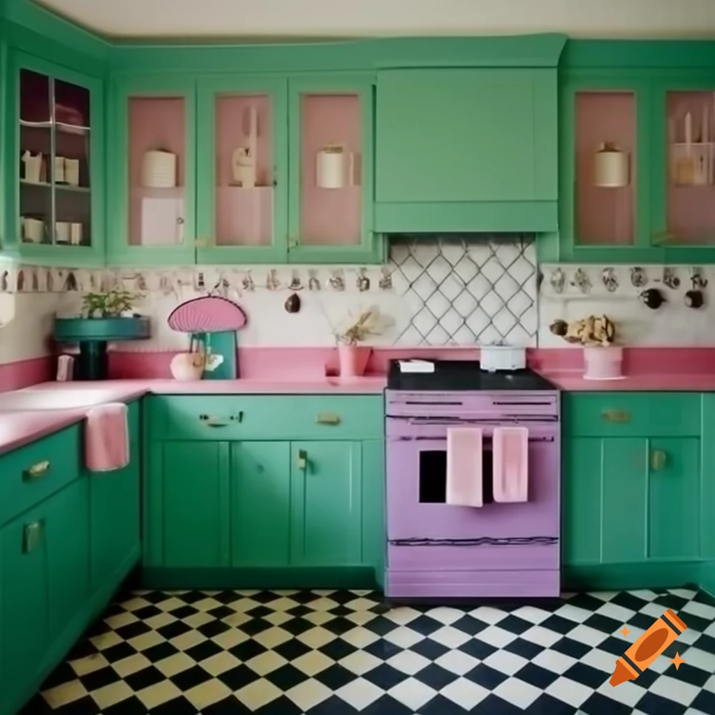 1950s kitchen with mint green cabinets and pastel appliances on Craiyon