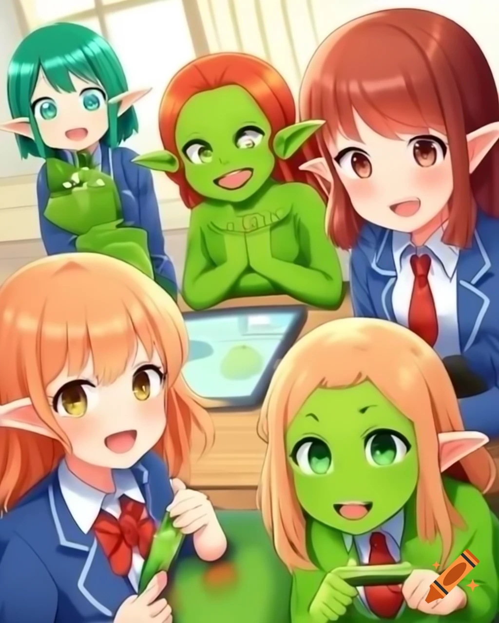 Cheerful green-skinned goblin schoolgirls playing tabletop game in ...