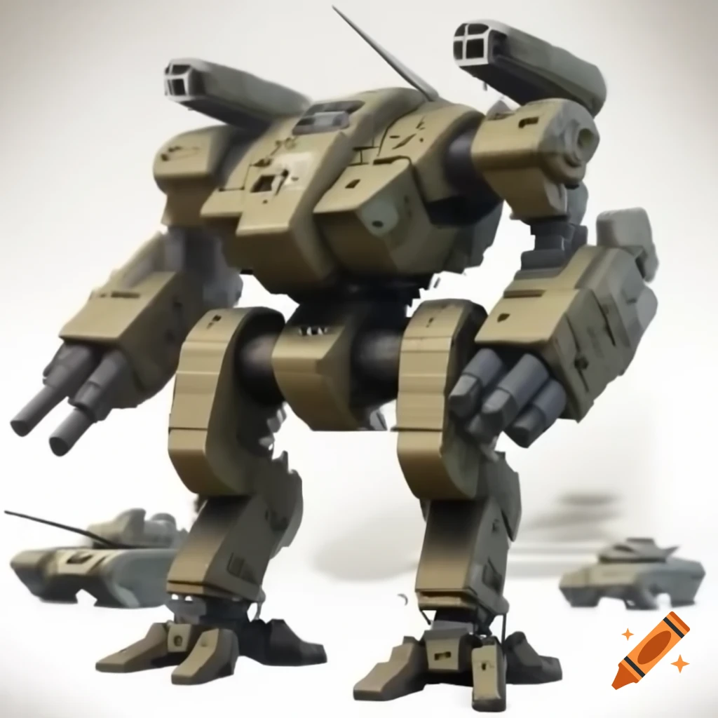 Heavily armored bipedal battle mech with angular design and weapon pods ...