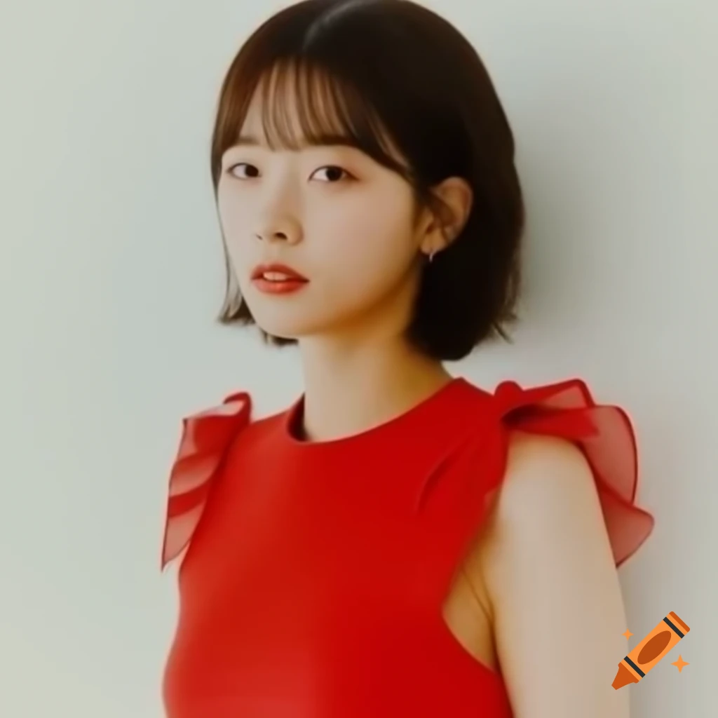 Young Miki Matsubara in red minidress looking in love on Craiyon