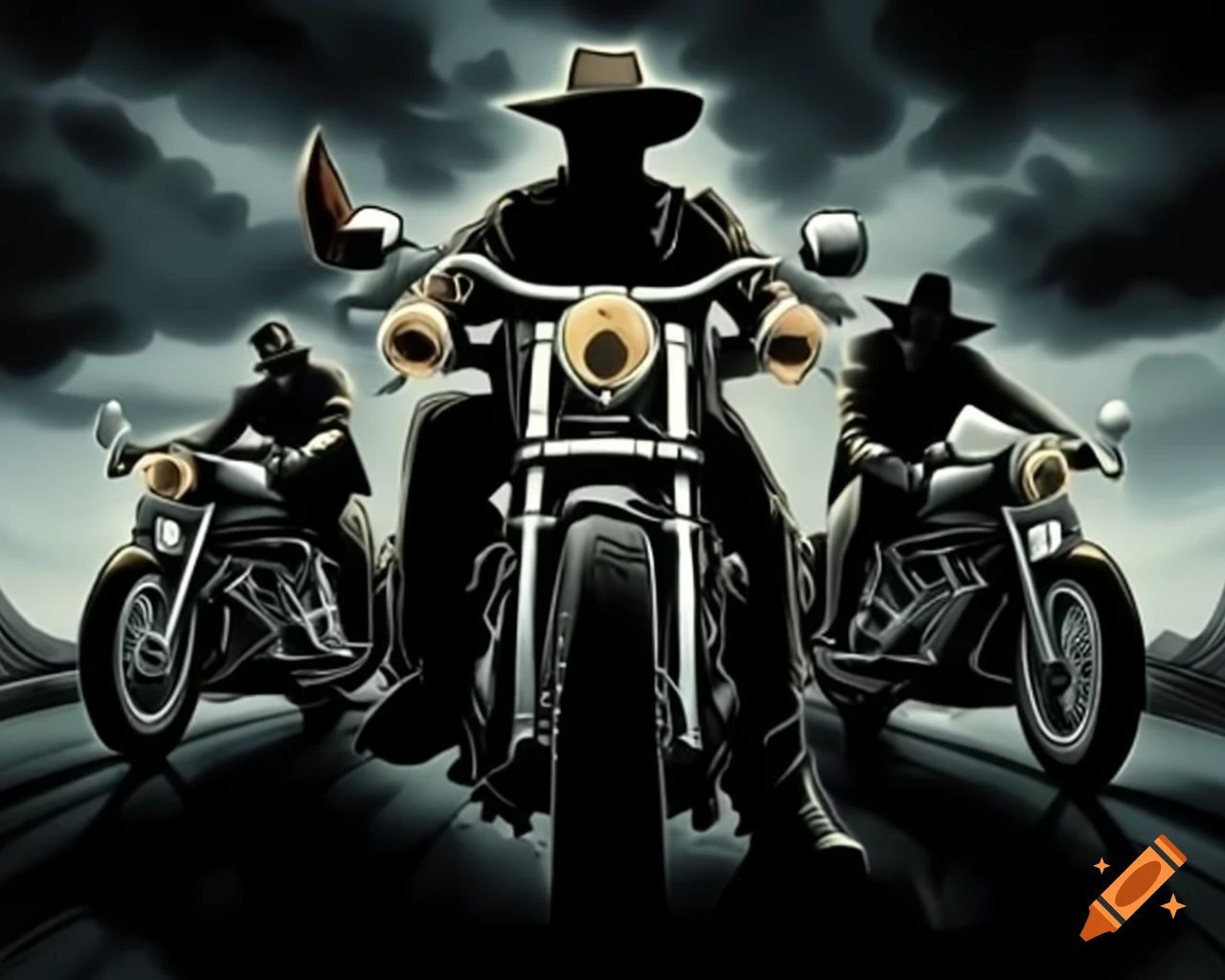 Linocut illustration of outlaw riders on Harley-Davidson motorcycles in ...